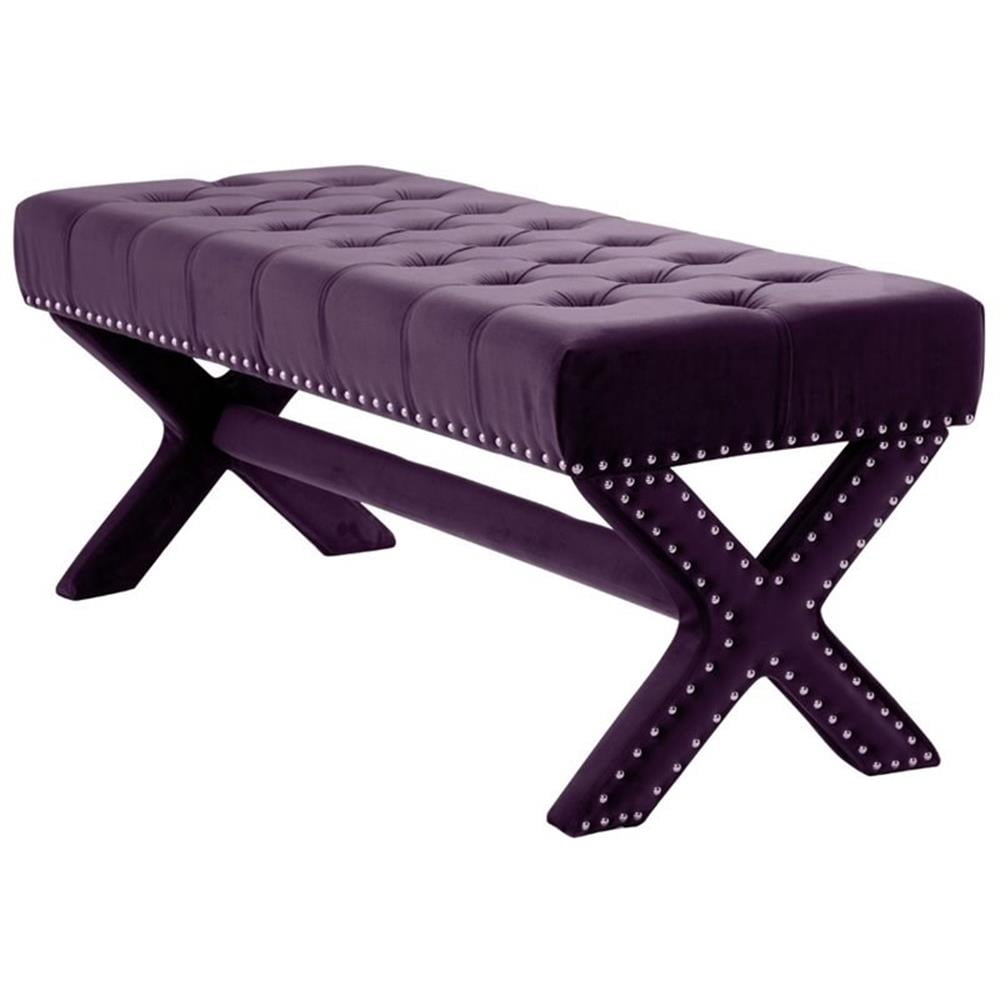 Maklaine Tufted Velvet Bench with Nailhead Trim in Purple Finish ...