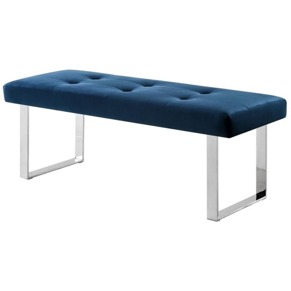 Maklaine Tufted Velvet Bench with Stainless Steel Legs in Blue/Chrome ...