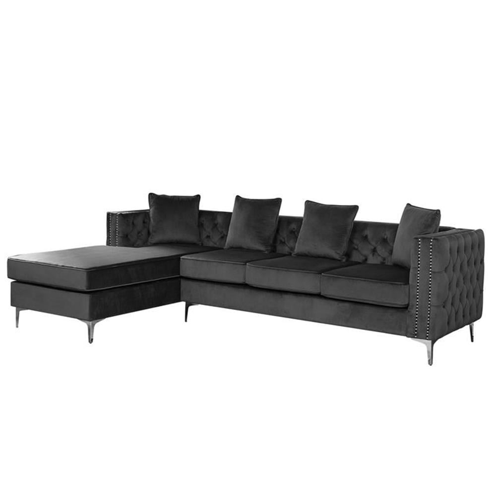 Maklaine Velvet Reversible Sectional Sofa Chaise with Nail-Head Trim in ...