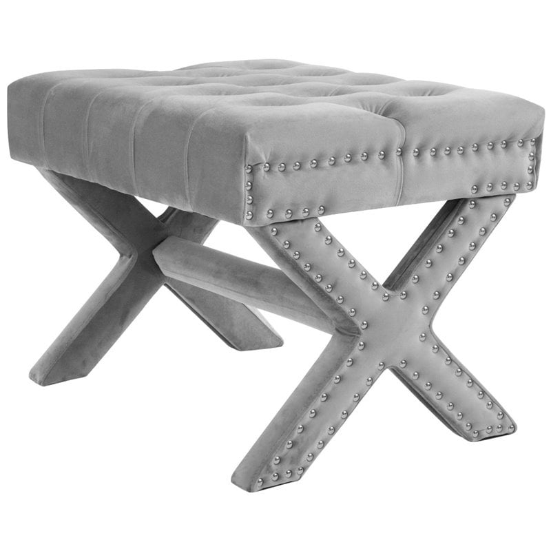 Maklaine Velvet X-Base Ottoman with Nailhead Trim in Light Gray ...