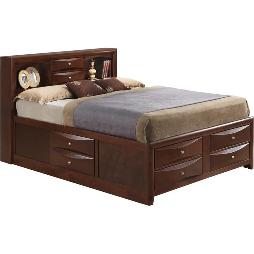 Maklaine Wood Queen Bookcase Storage Bed with Open Shelves & Drawers in ...