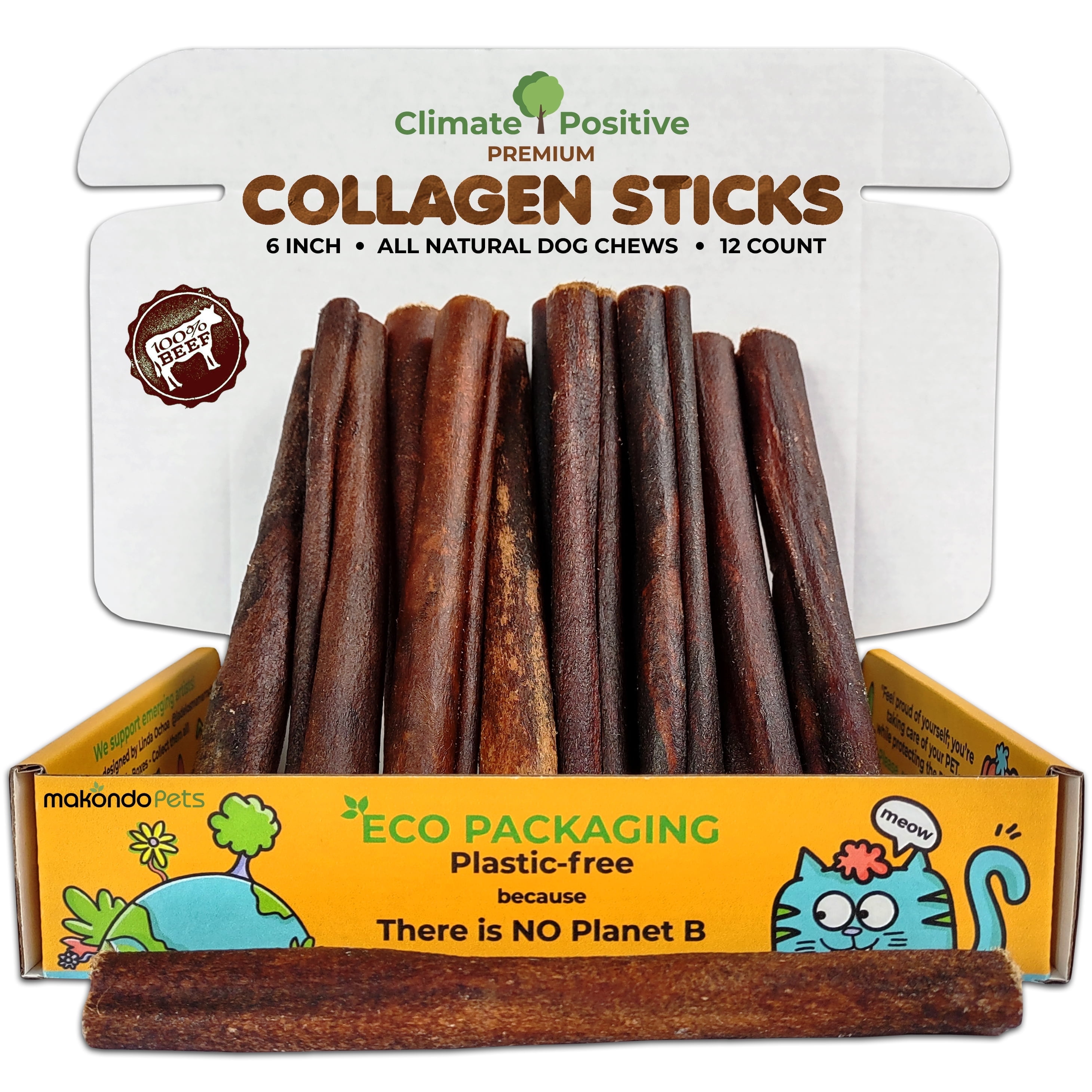 Makondo Pets Collagen Sticks Beef Flavor Dog Chews, 6" Premium Treats ...