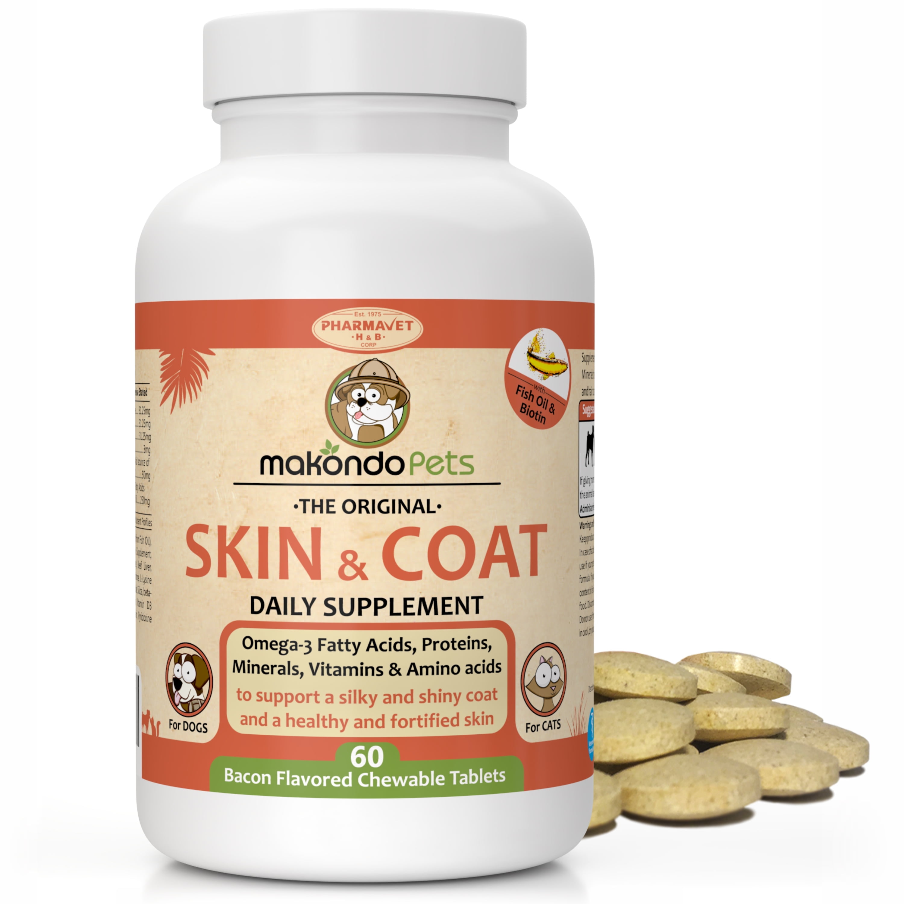 Makondo Pets Skin & Coat Supplement Tablets for Dogs, Bacon Flavor, 60 ...