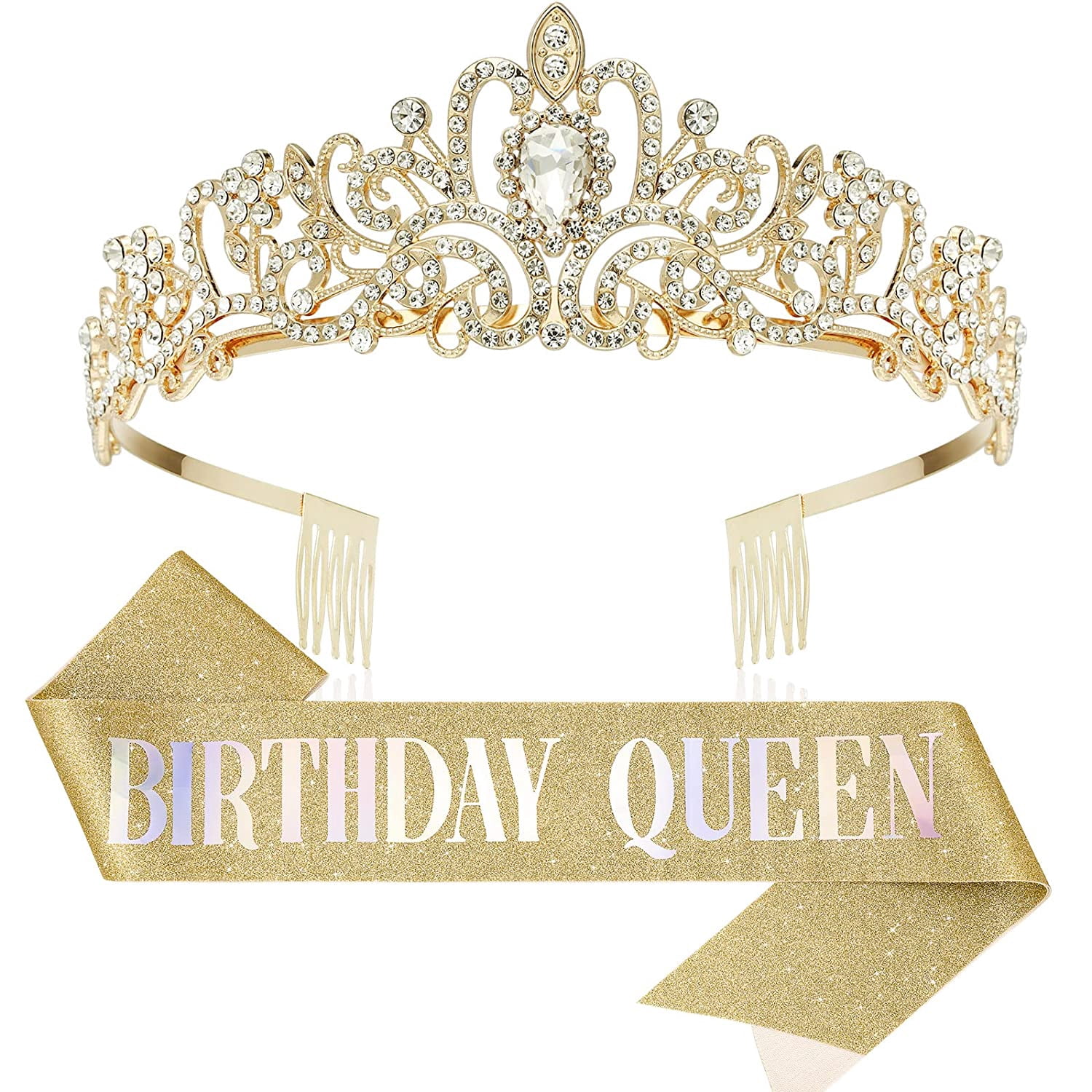 Makone Gold Birthday Princess Crown with Birthday Queen Sash Tiaras for ...