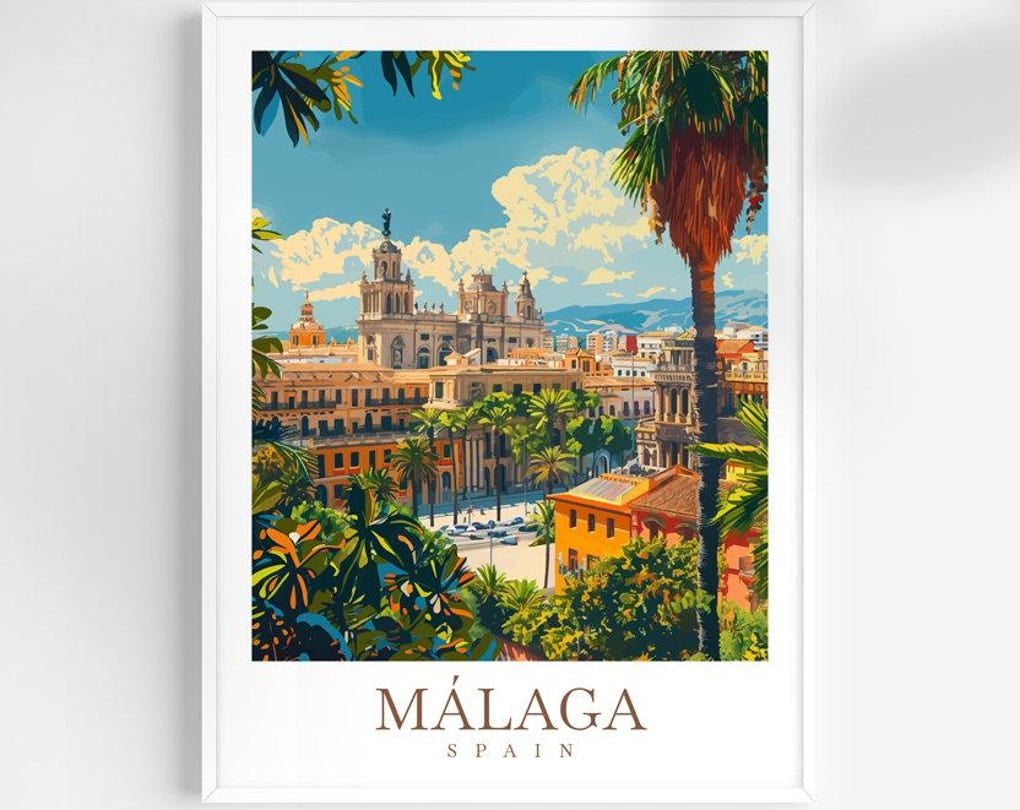 Malaga City Travel Print Wall Art, Malaga Spain Poster, Wall Hanging ...