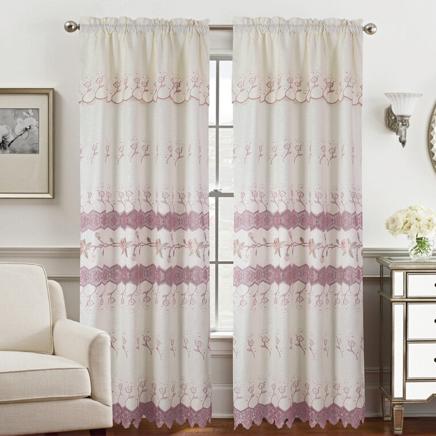 Malaika Embroidered Jacquard Macrame Window Panel with Valance, Beige ...