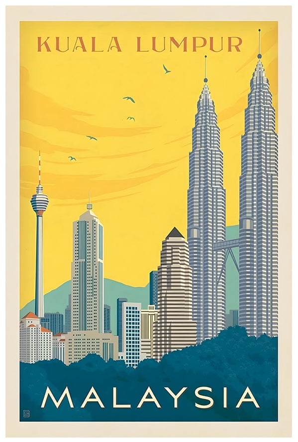 Malaysia - Kuala Lumpur - Vintage Travel Poster (12x18Inches(Black ...