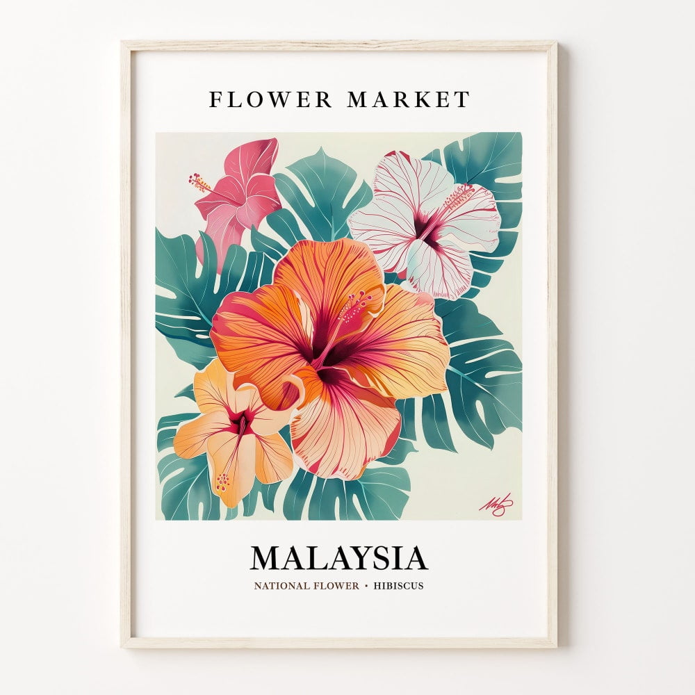 Malaysia National Flower Art Print, Hibiscus Wall Art, 1960'S Botanical ...