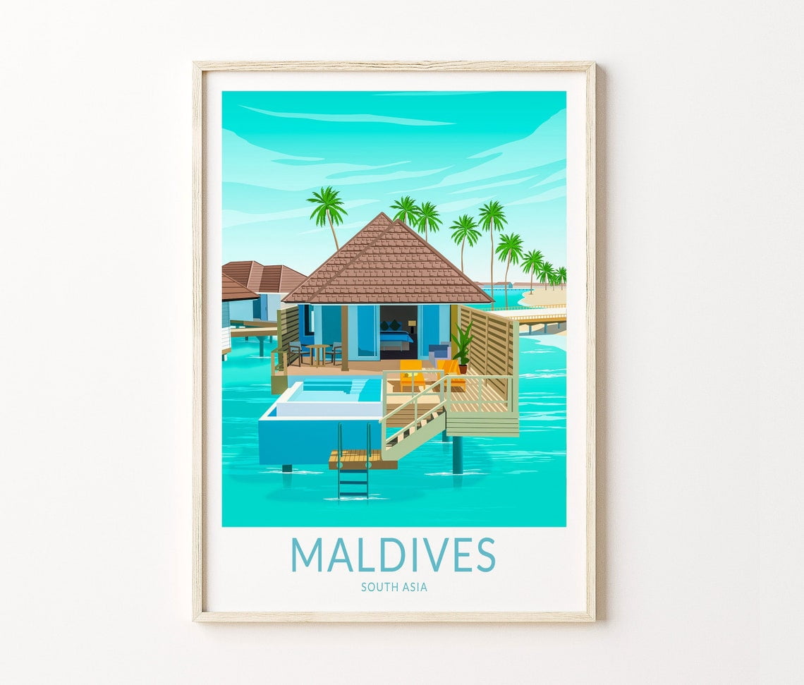 Maldives Indian Ocean Tropical Island Overwater Bungalow Art, Unframed ...