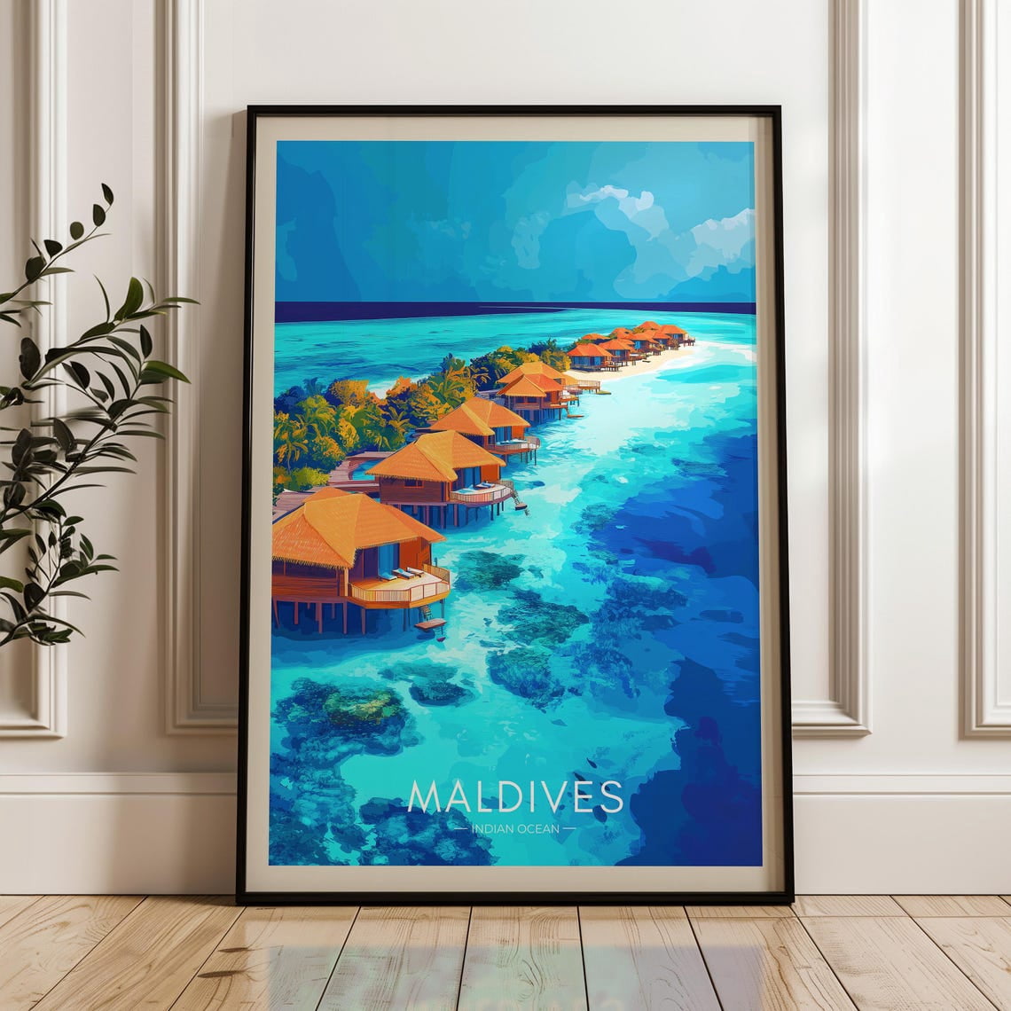 Maldives Travel Poster - Indian Ocean Wall Art Print, Illustration ...