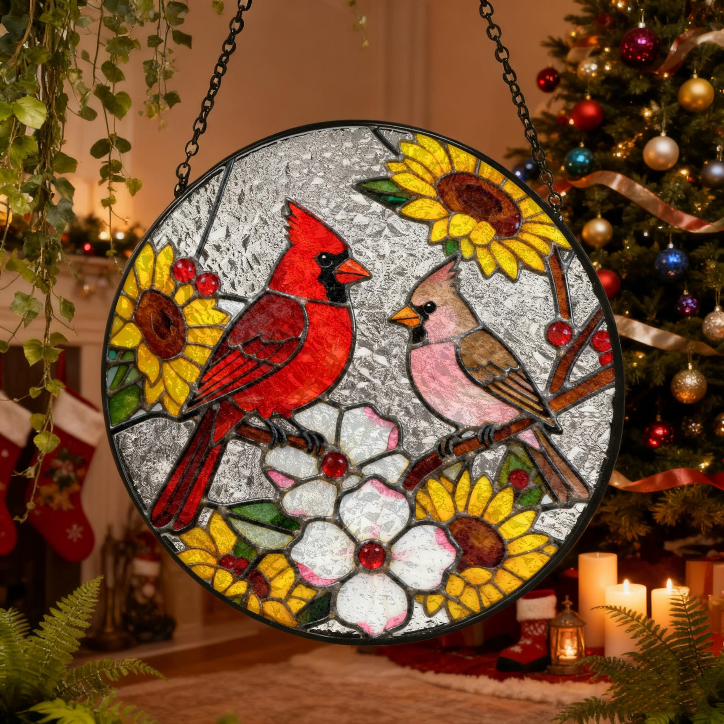 Male And Female Cardinal Stained Glass Suncatcher Winter Bird Window ...