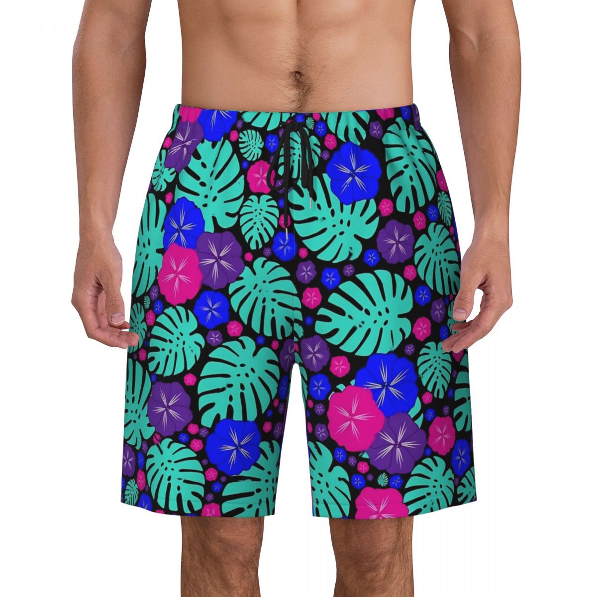 Male Board Shorts Tropical Floral Casual Beach Trunks Blue Flowers ...