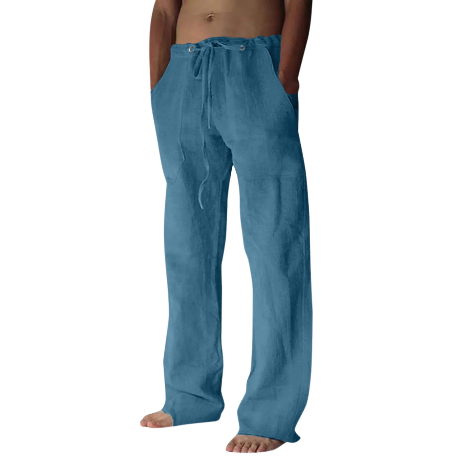 Male Casual Daily Solid Full Length Pants Mid Waist Pocket Drawstring ...