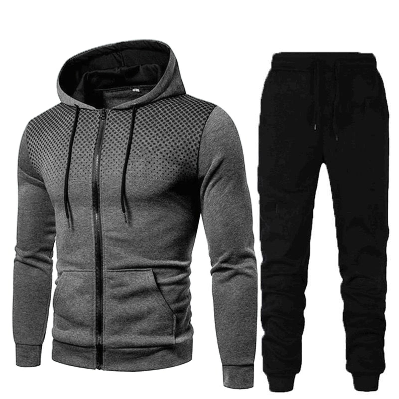 Male Casual Solid Two Piece Suit Zipper Pocket Raglan Sleeve Hoodies ...