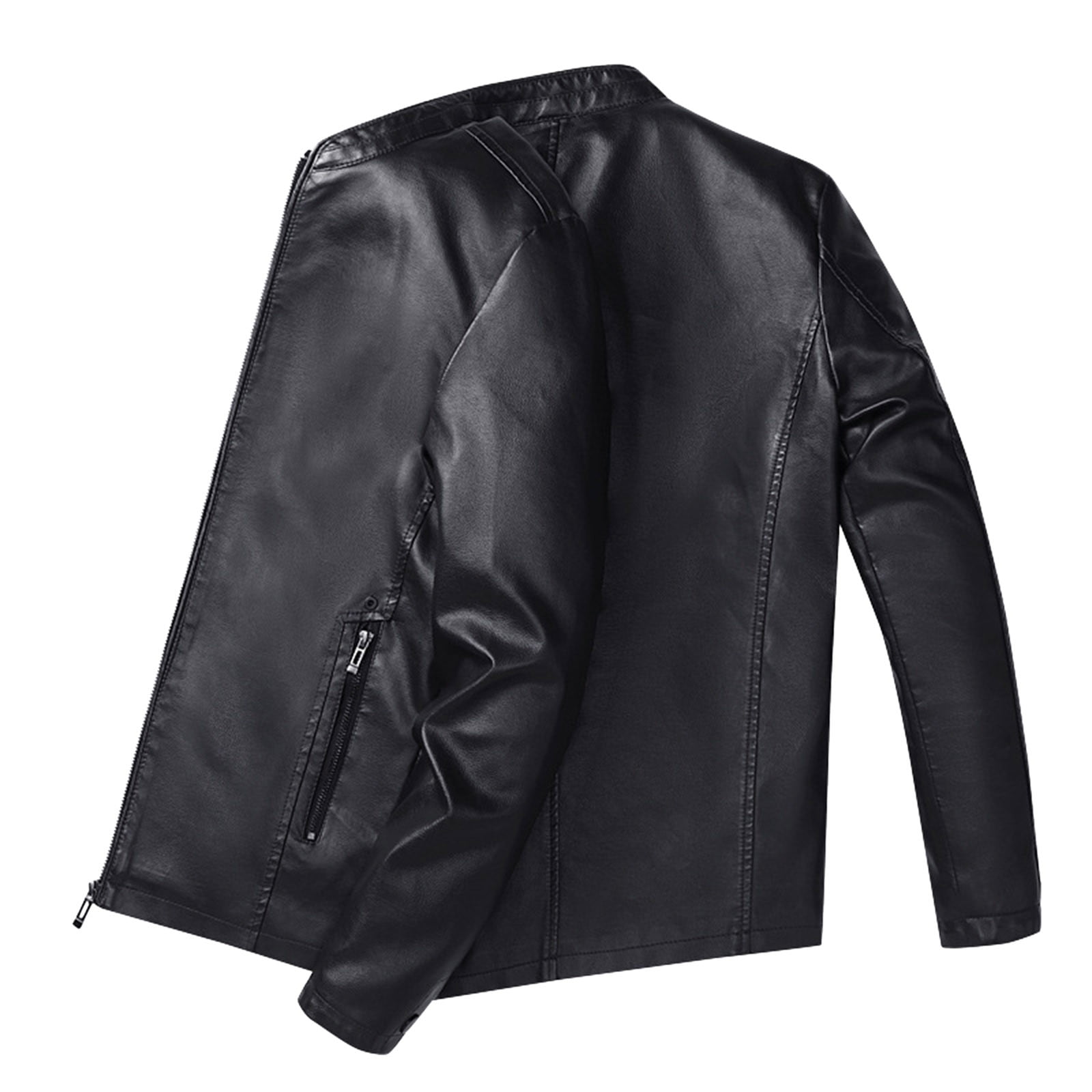 Male Casual Stand Up Collar Motorcycle Lapel PU Leather Jacket ...