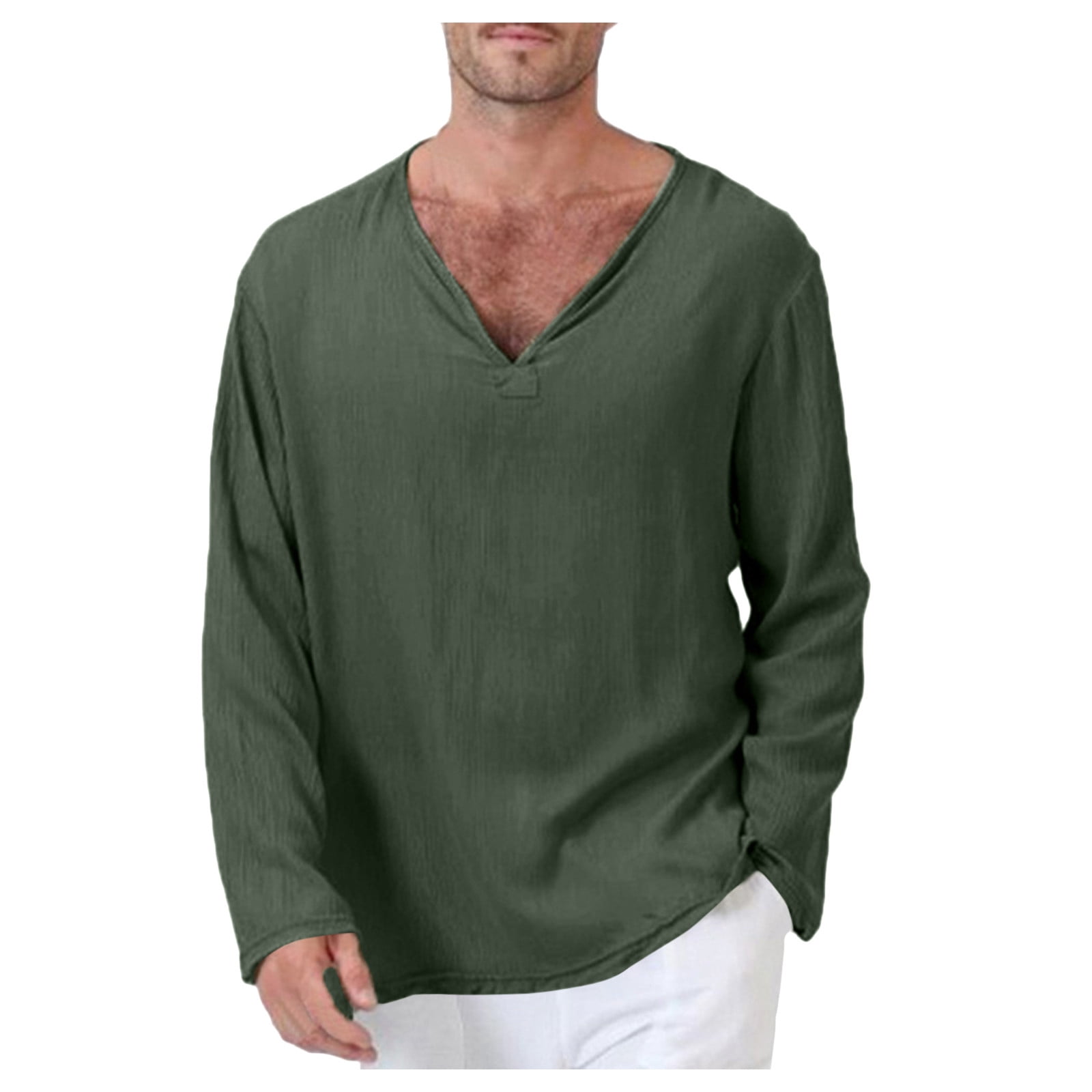 Male Cotton Linen Solid Color Long Sleeve Casual T-Shirt - Washed Crepe ...