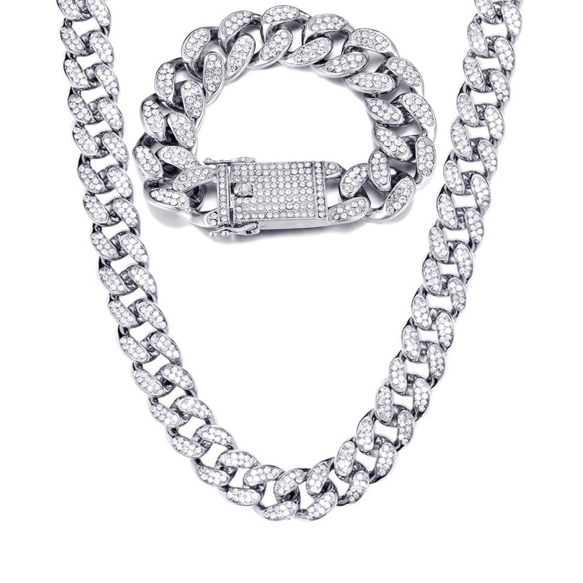 Male Cuban Chain Necklace Bracelet Set Zircon Pave Men Teen Jewelry ...