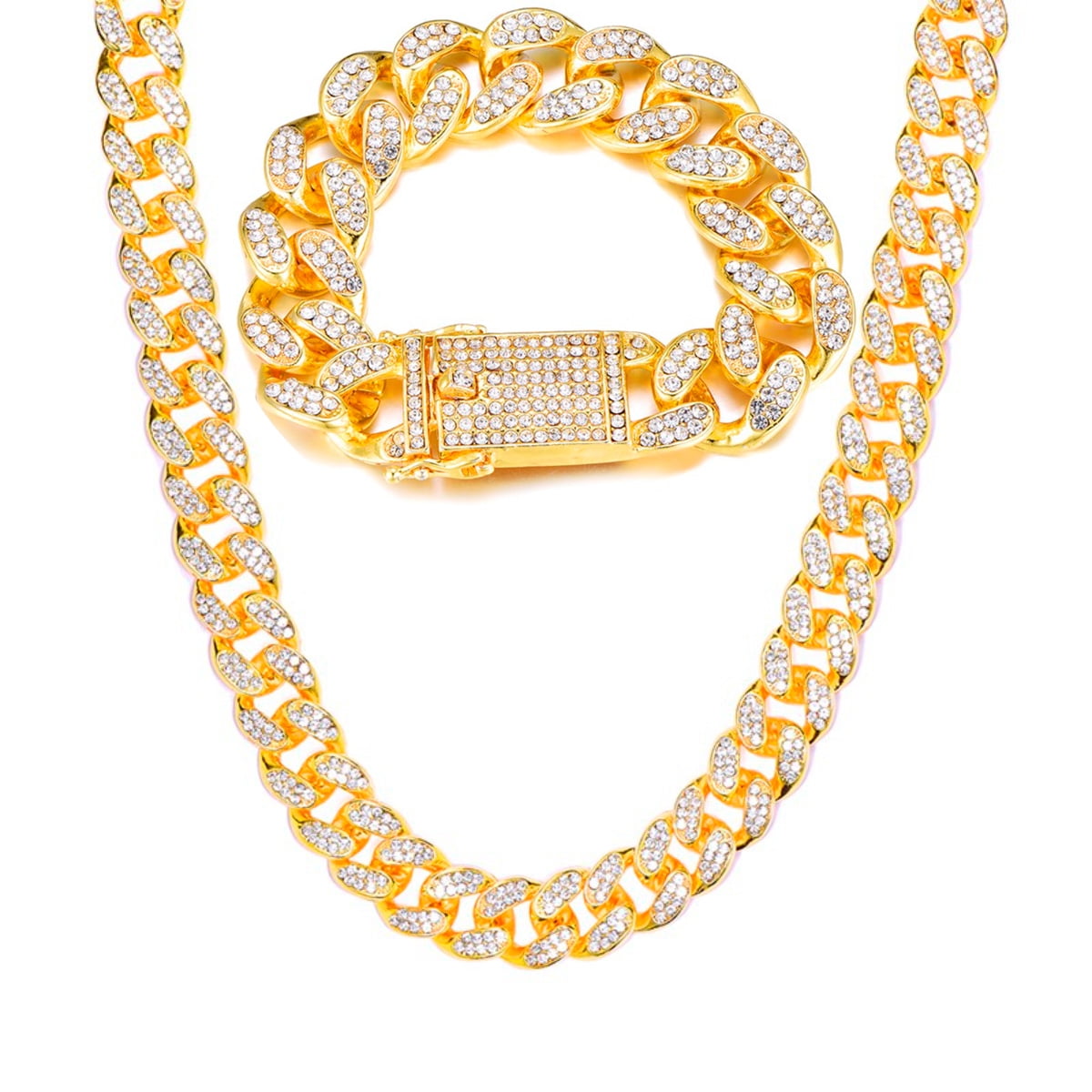Male Cuban Chain Necklace Bracelet Set Zircon Pave Men Teen Jewelry ...