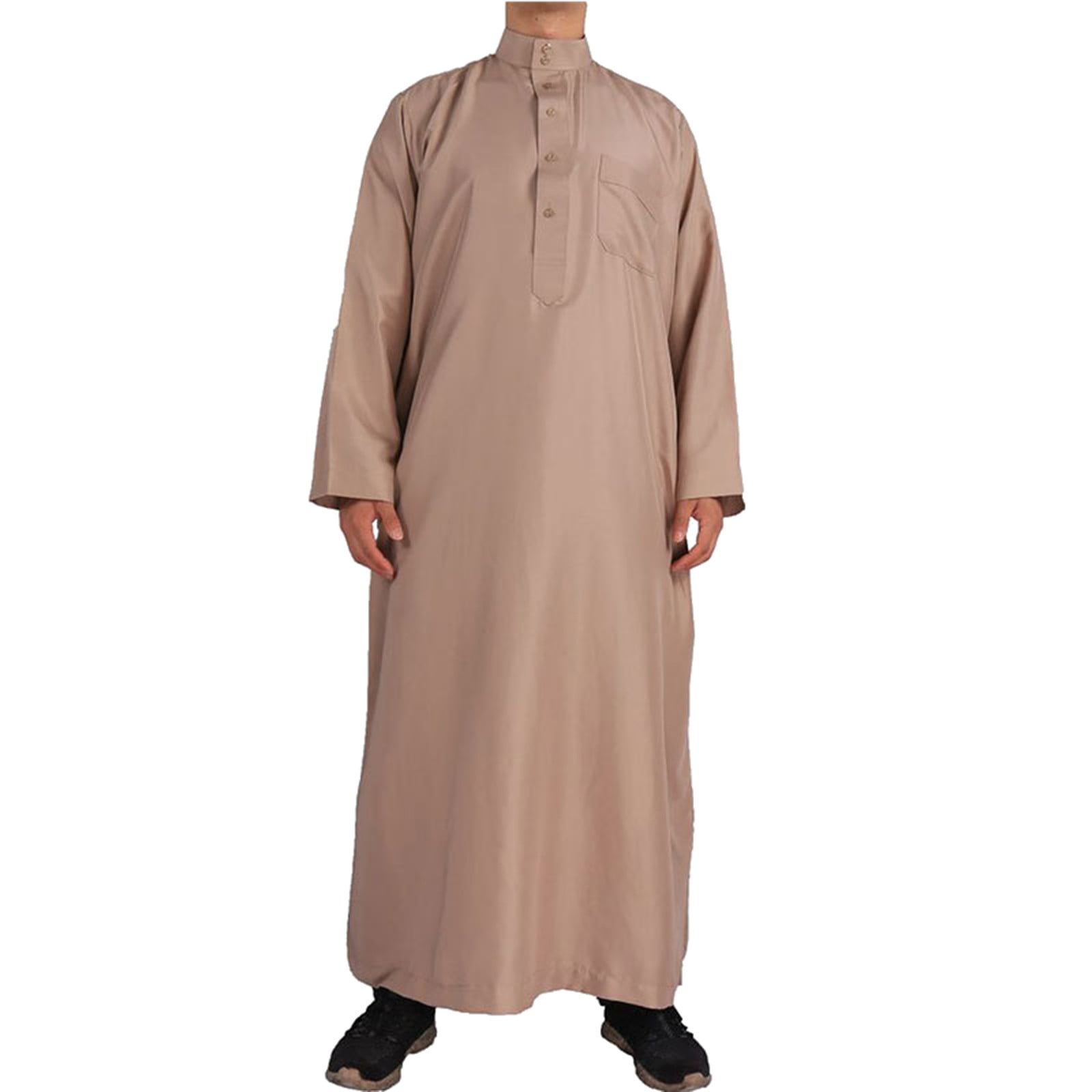 Male Muslim Robe Casual Stand Thobe Long Solid Pocket Long Sleeve ...