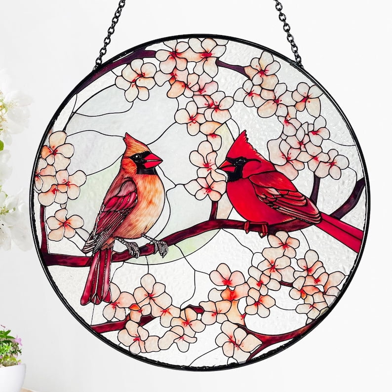 Male and Female Cardinal Lovebirds in Moonlight Stained Glass ...