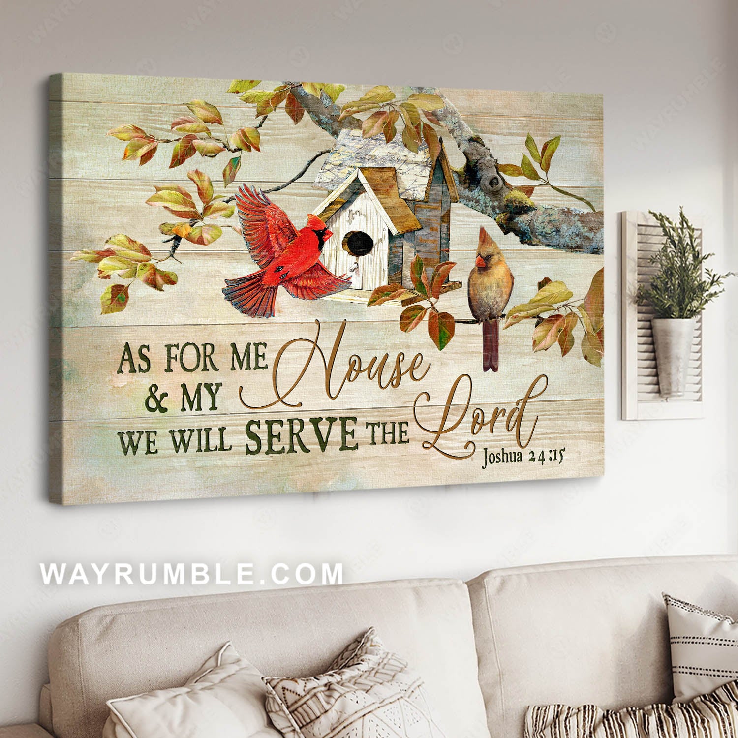 Male and female cardinals, Bird house, Tree branch, Serve the Lord ...