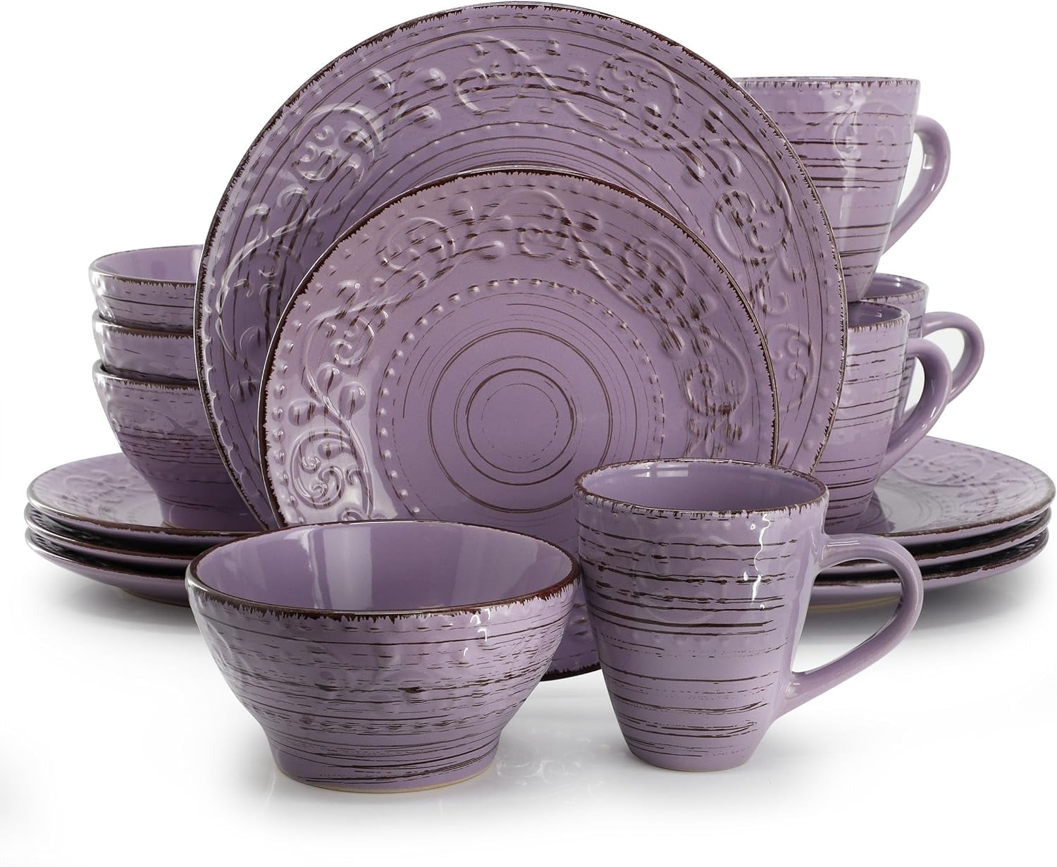 Malibu Mica 16-Piece Stoneware Embossed Pattern Reactive Glaze Purple ...