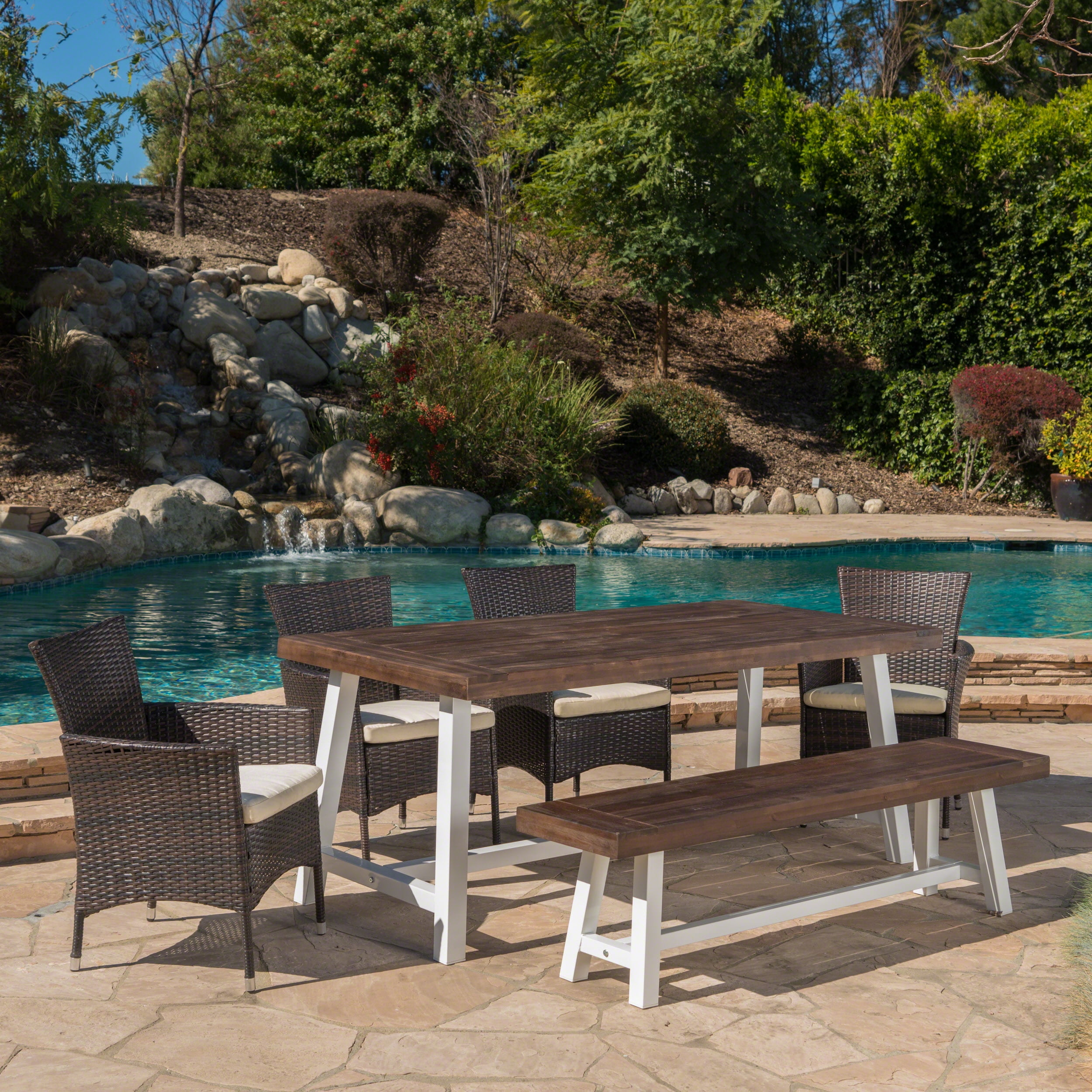 Malik Outdoor 6 Piece Wicker Dining Set with Acacia Wood Table and ...