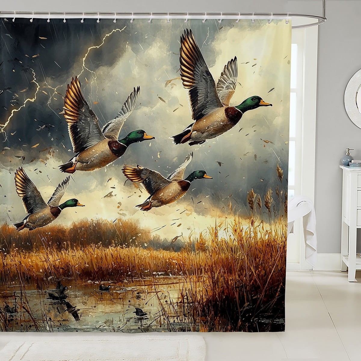 Mallard 72" W X 78" L Shower Curtain Duck Hunting Bathroom Shower Curtain Sets Man Flying Duck ...