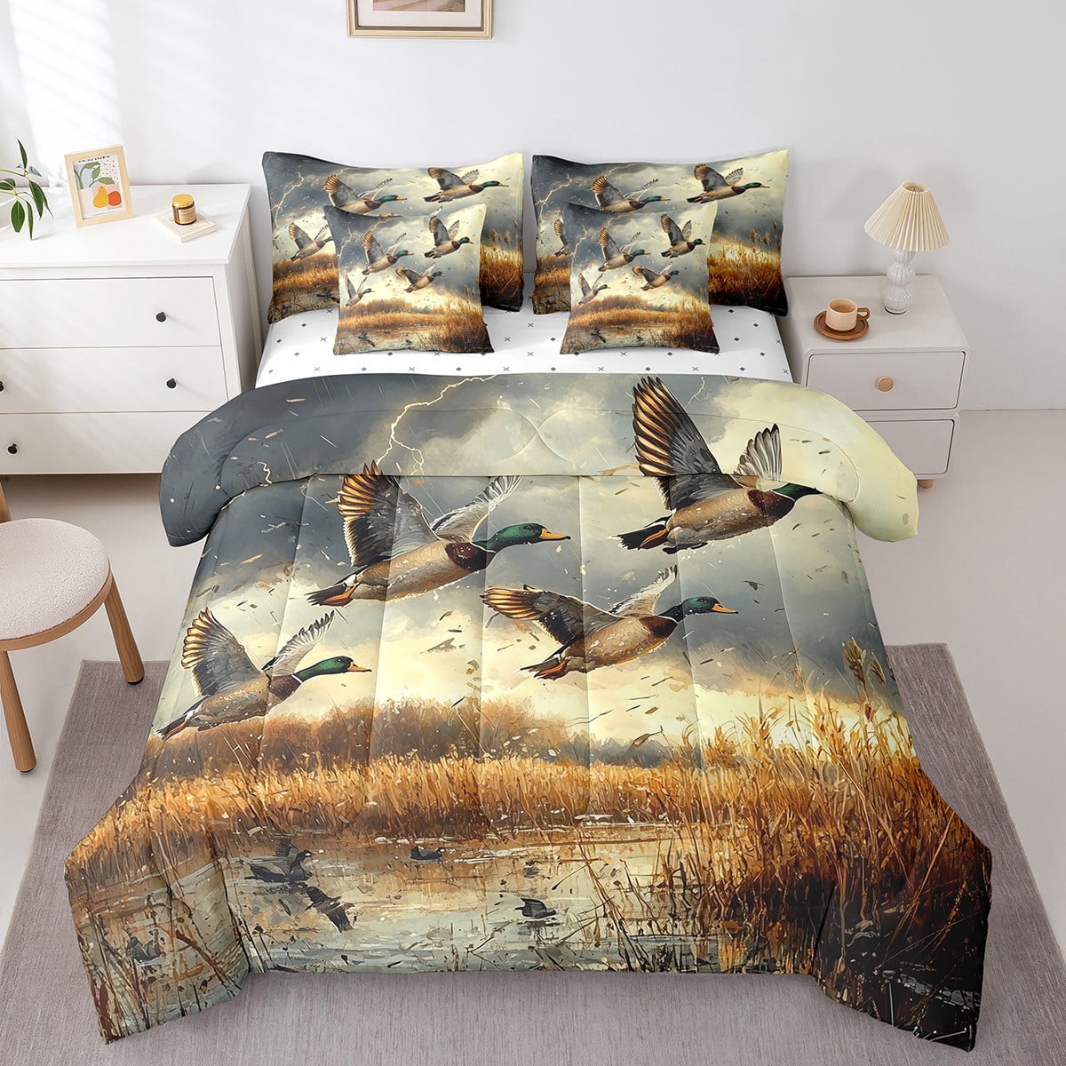 Mallard Bedding Set Duck Hunting 7 Pieces Comforter Sets Man Flying Duck Lighting Queen Sheet ...