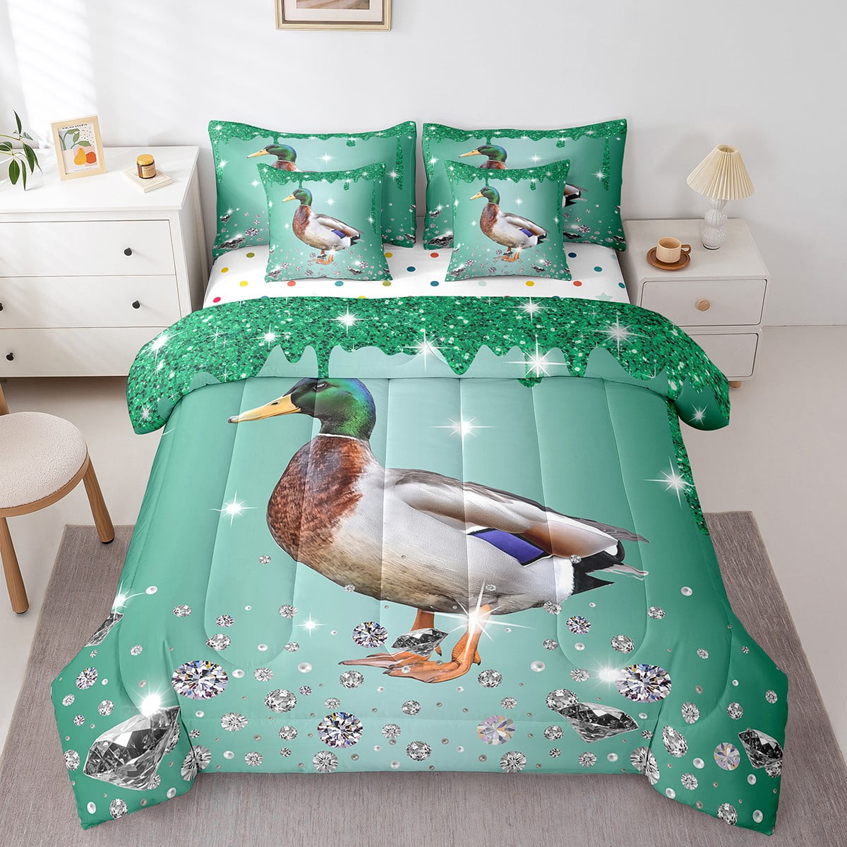 Mallard Duck Bed in a Bag Queen Comforter Set 7 Piece,Green Sequin ...