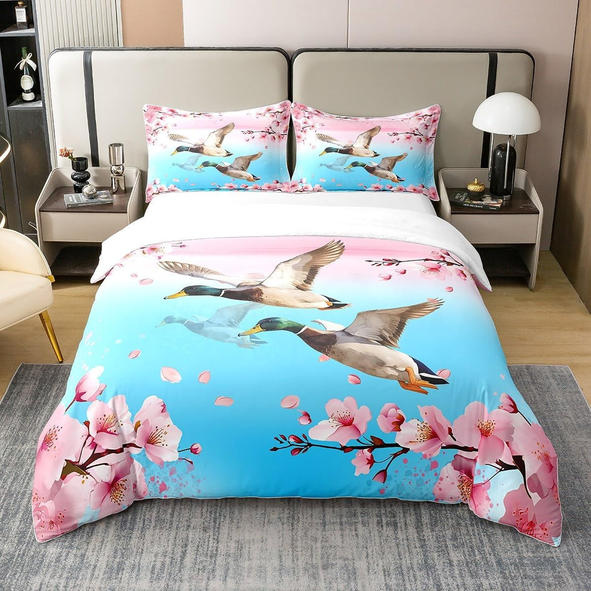 Mallard Duck Bedding Set Flying Water Bird Duvet Cover Pink Cheerry ...