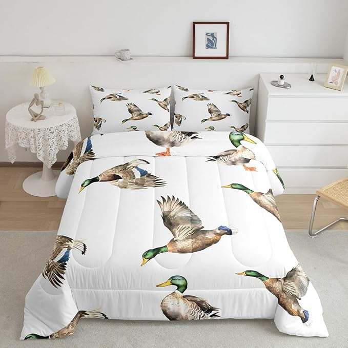 Mallard Duck Bedding Set Hunting and Fishing Comforter Set Animal Comforter Wildlife White Duvet ...