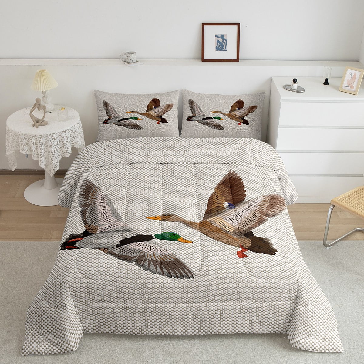 Mallard Duck Bedding Set Twin Wild Animal Comforter Set, Grey Honeycomb ...