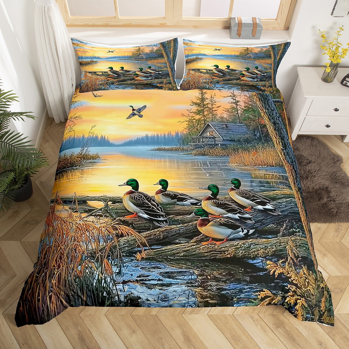 Mallard Duck Comforter Cover King,Duck Hunting Duvet Cover Set Teens Adults,Western Cabin Lodge ...