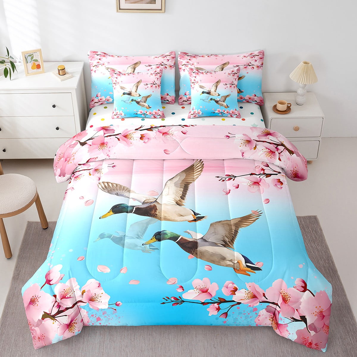 Mallard Duck Comforter Set 7 Piece Bed in a Bag Twin,Lake Wild Animals Bedding Sets Gradient ...