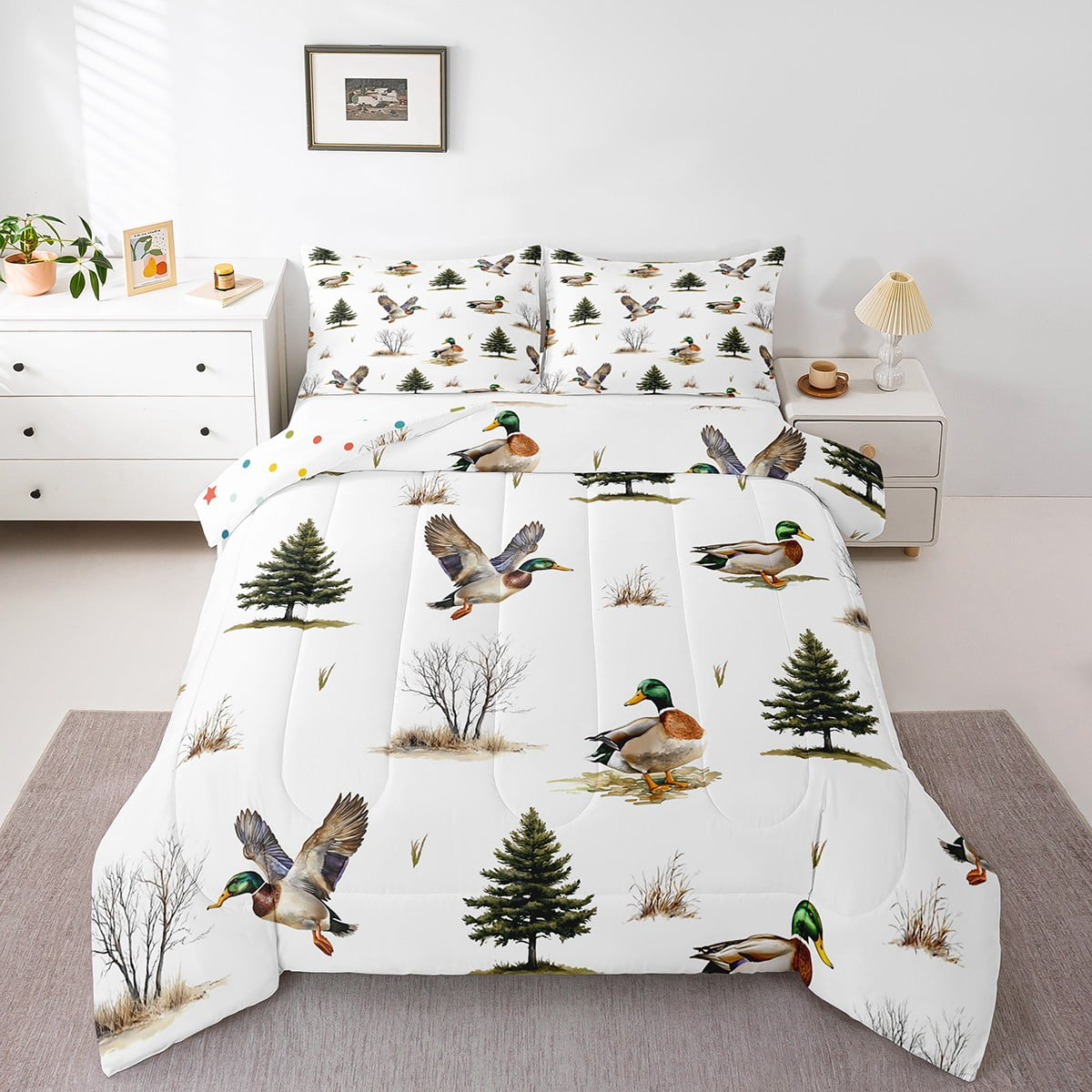 Mallard Duck Hunting Bedding Twin,Woodland Tree Botanical Branches Comforter Set,Flying Duck ...