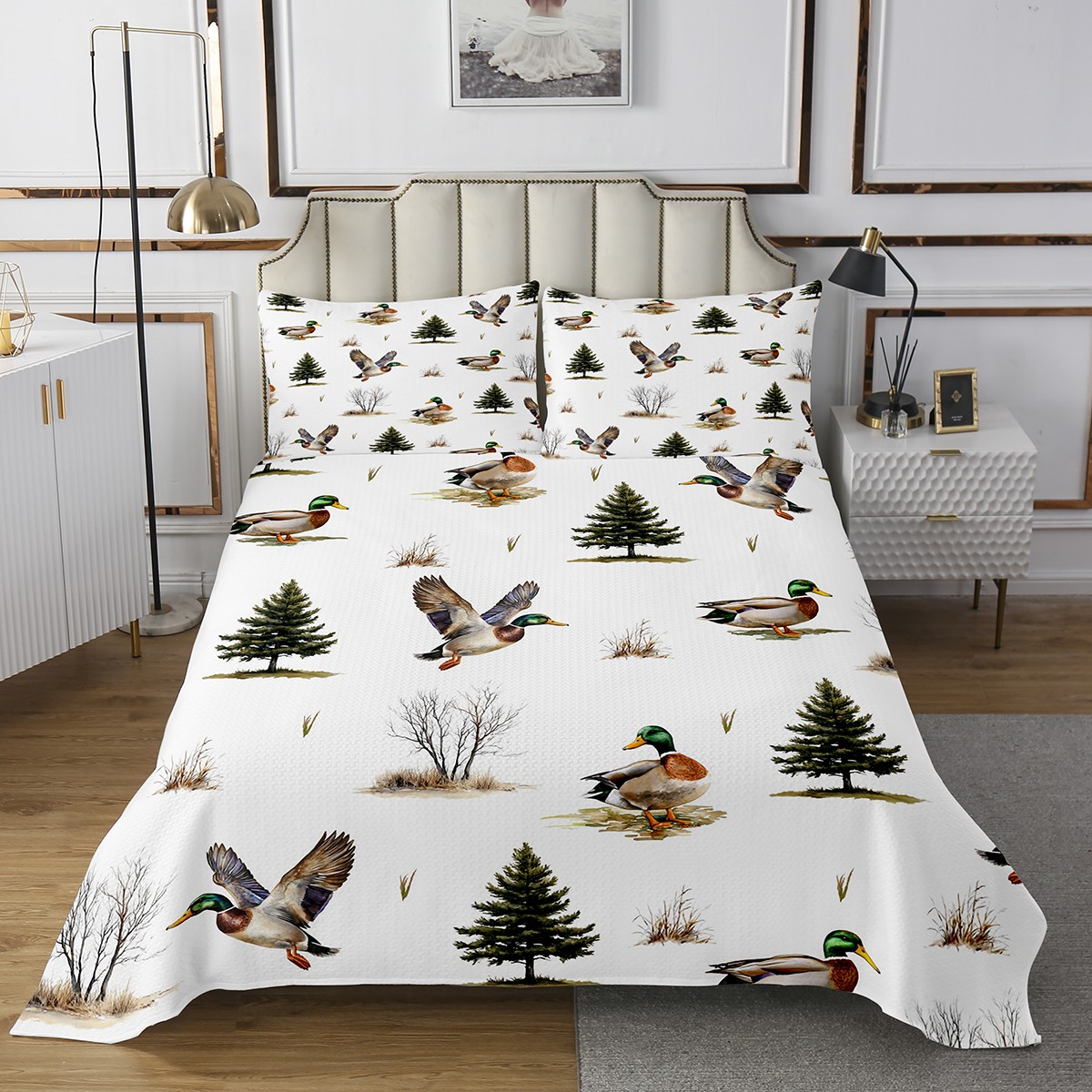 Mallard Duck Hunting Bedspread Set Twin Size,Woodland Tree Botanical Branches Coverlet Set for ...