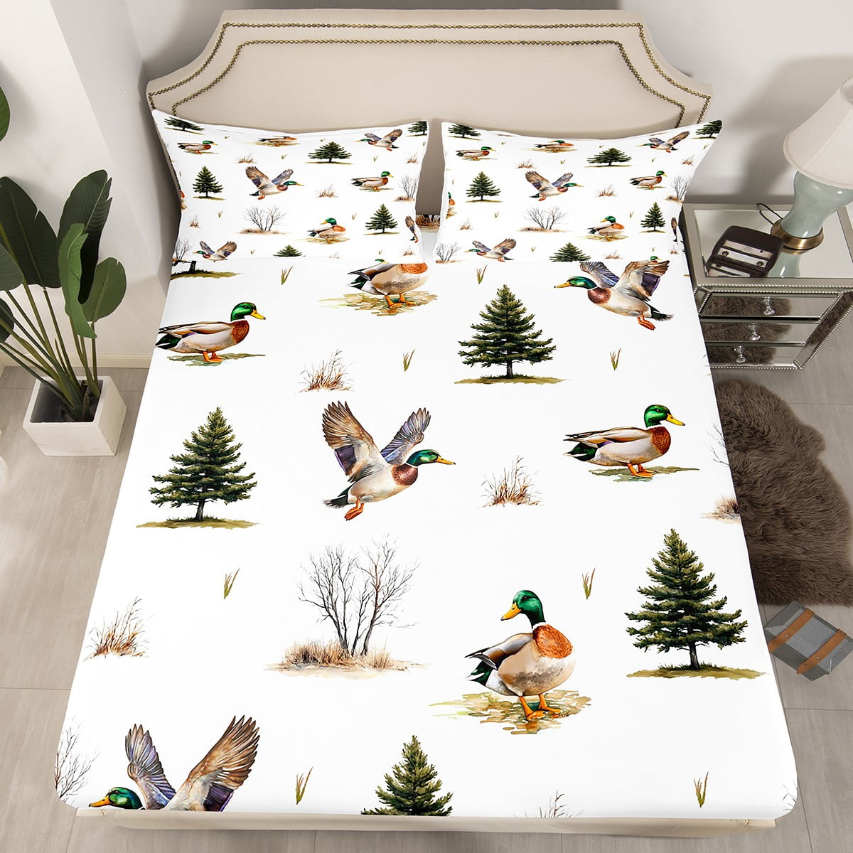 Mallard Duck Hunting Fitted Sheet Queen Size,Woodland Tree Botanical ...