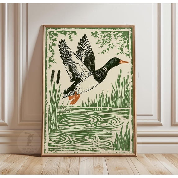 Mallard Duck Over Pond Poster Reed Marsh Wildlife Woodcut Decor Art ...