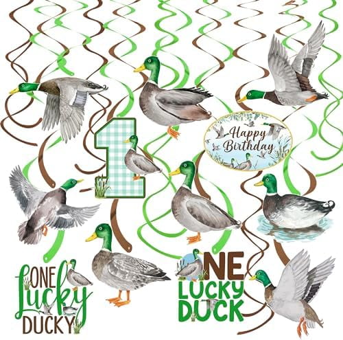 Mallard Duck Party Hanging Swirls One Lucky Duck Party Decorations Duck ...