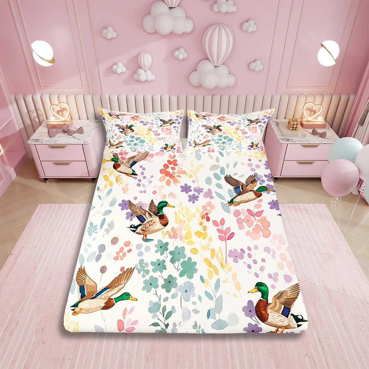 Mallard Duck Queen Bed Sheets Set,Colorful Flower Duck Bedding Set for ...