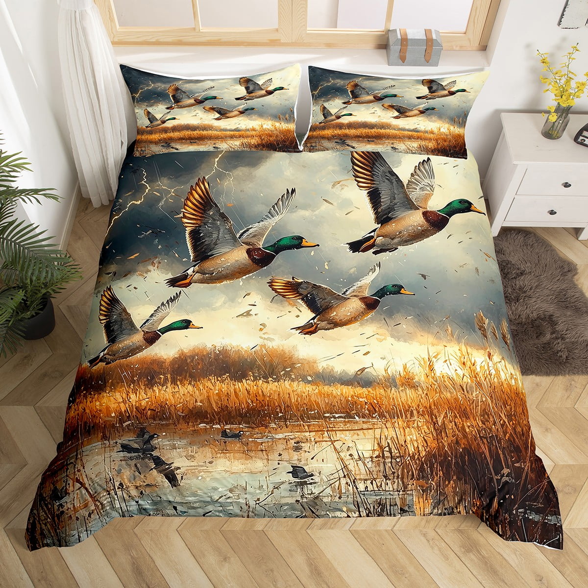 Mallard Twin Duvet Cover Duck Hunting Comforter Cover Man Flying Duck Lighting Bedding Set ...