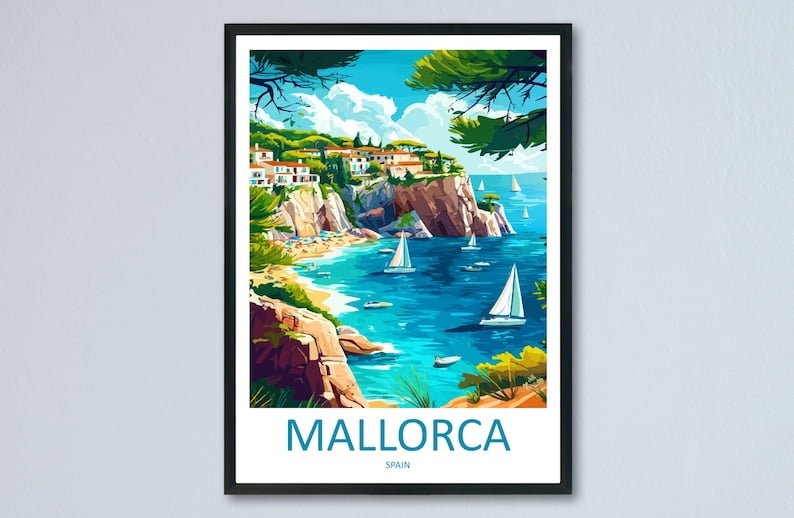 Mallorca Cartoon Travel Poster – Island Print & Mediterranean Souvenir ...