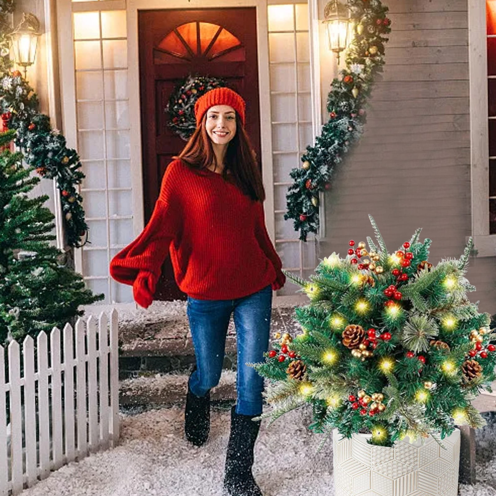 Malltop Shawn Lighted Artificial Christmas Urn Filler Pre-lit Xmas Pine ...