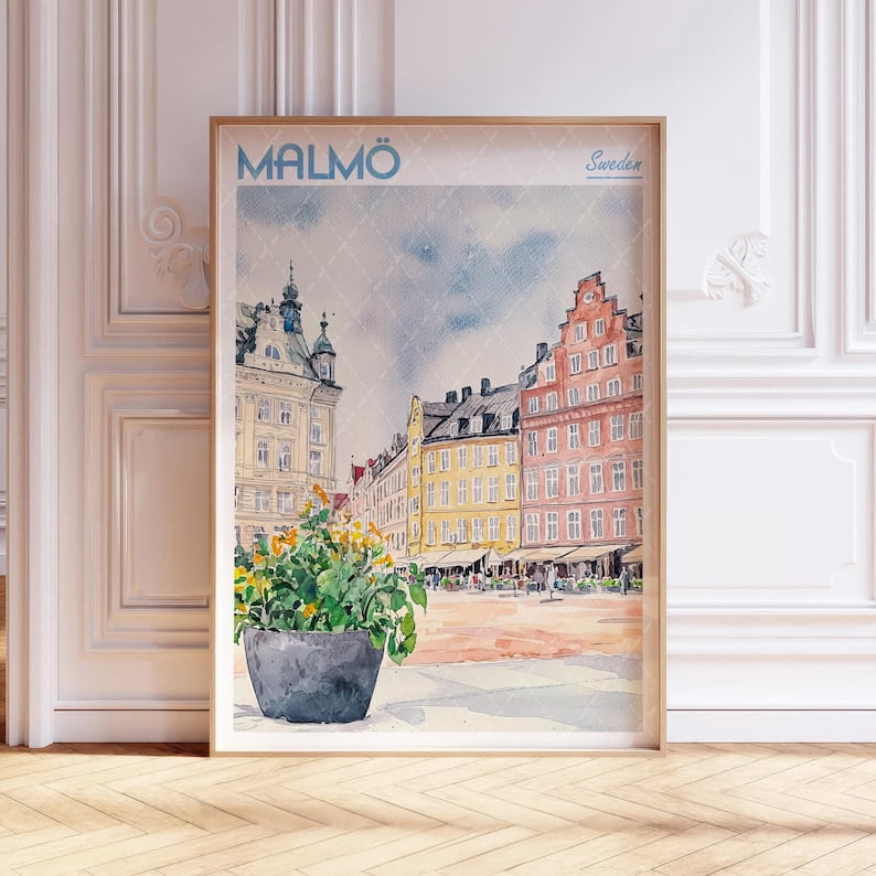 Malmö Watercolor Art Print - Malmö City Print - Sweden Travel Poster - Pastel Colors Travel Art ...