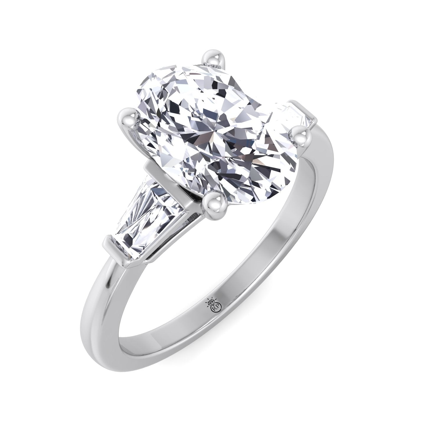 Malta - Moissanite Oval Cut Lab Diamond Engagement Ring with Tapered Baguette Side Stones ...