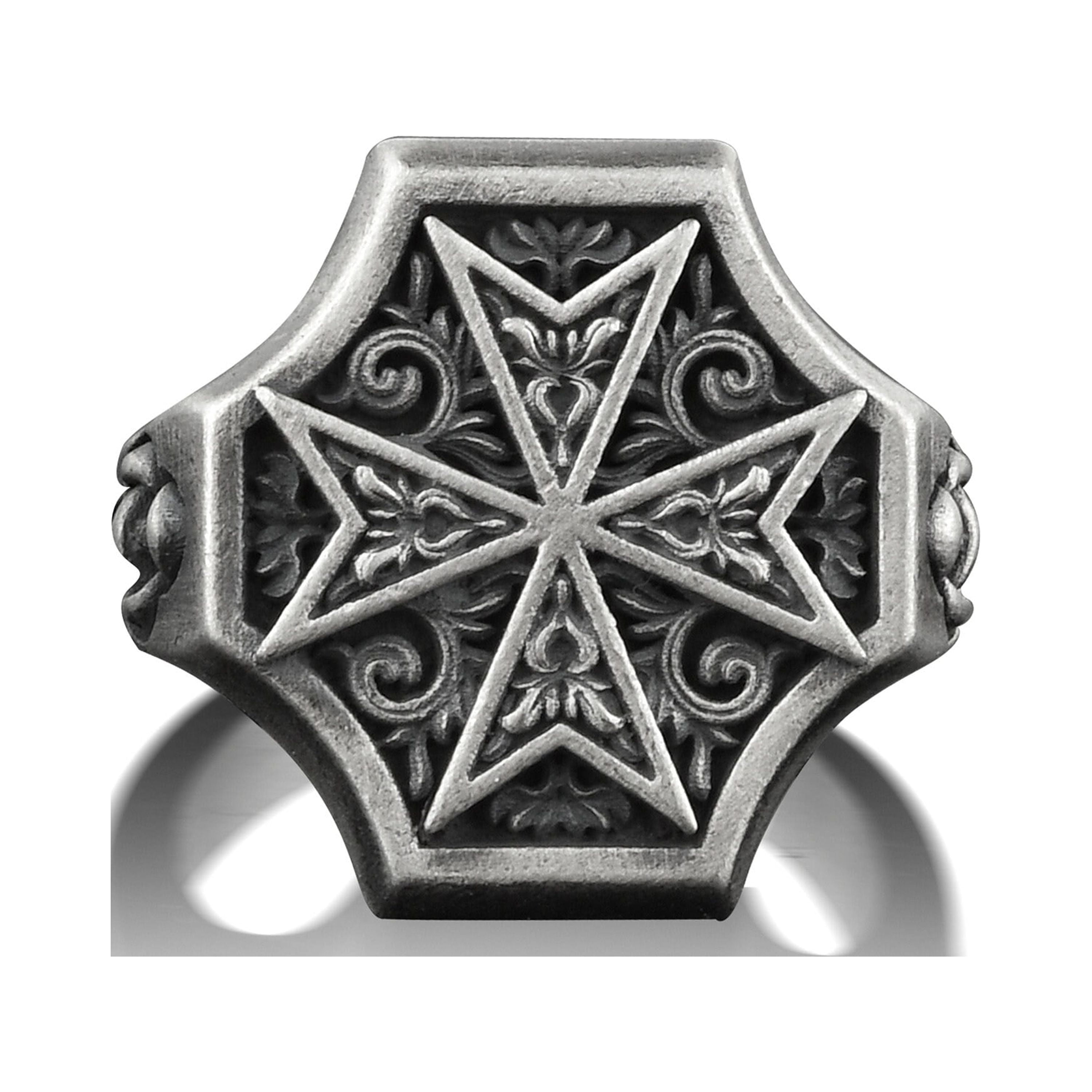 Maltese Cross Floral Mens Signet Ring, Christian Male Ring with ...