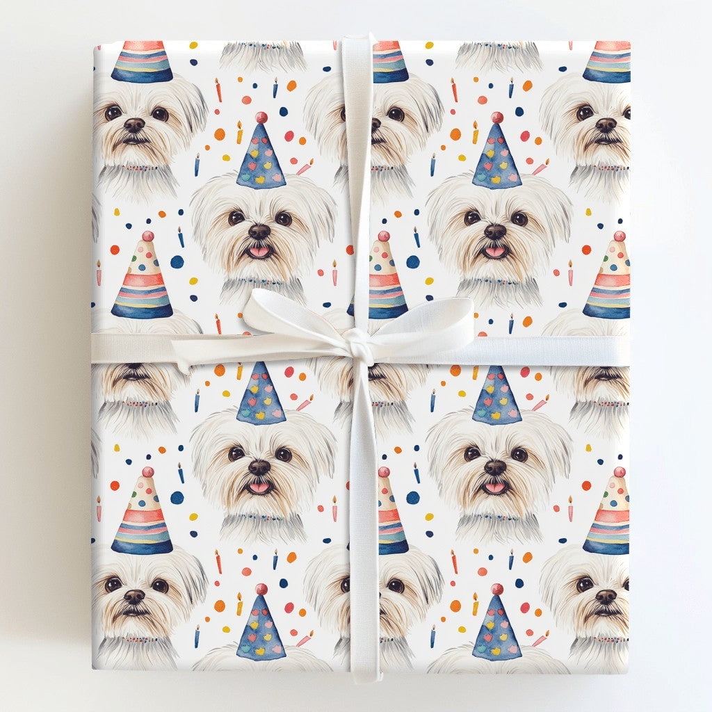Maltese Dog with Party Hat Watercolor Confetti Birthday Gift Wrapping ...