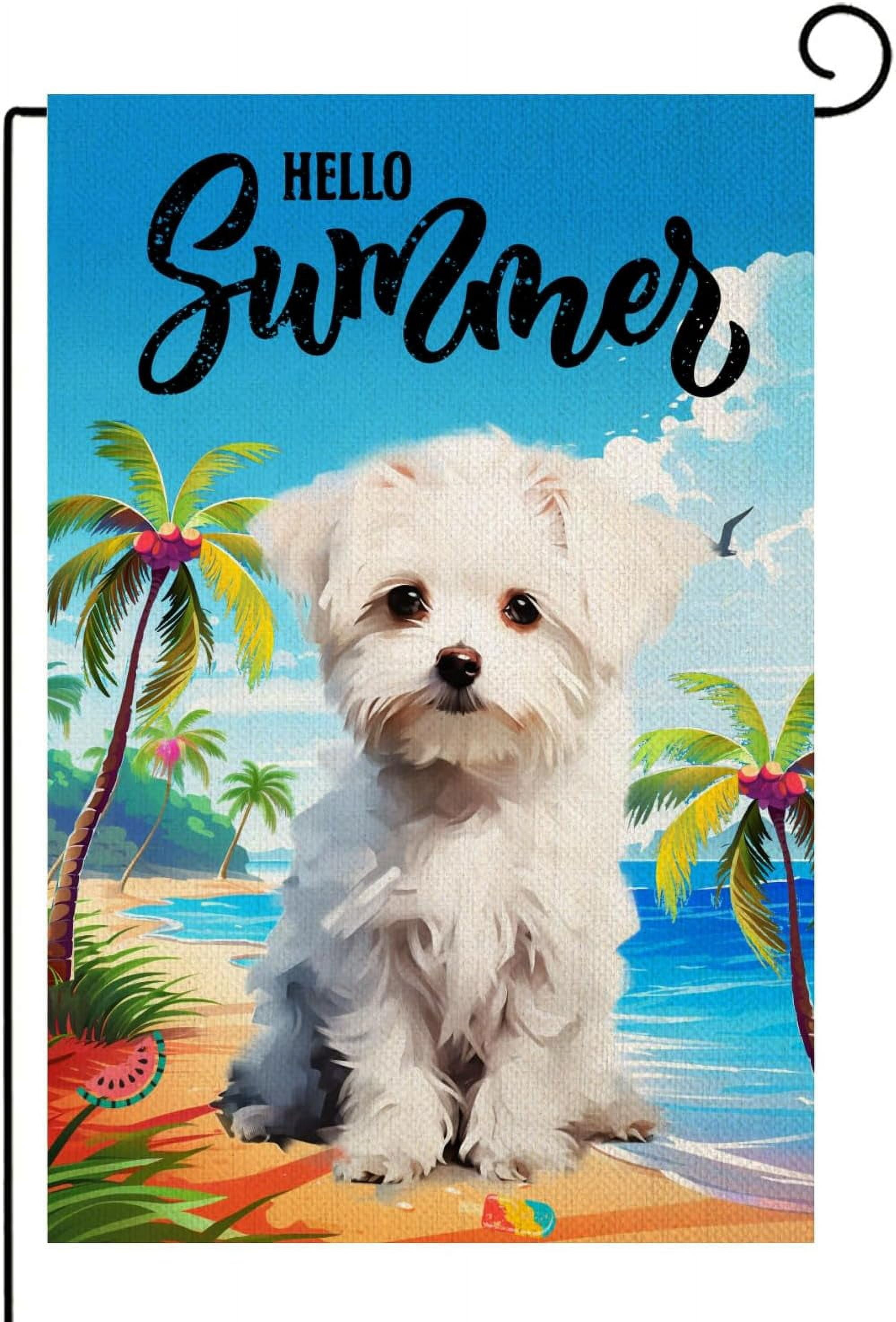 Maltese Garden Flag Hello Summer Sea Beach Dogs Double Sided Outside ...