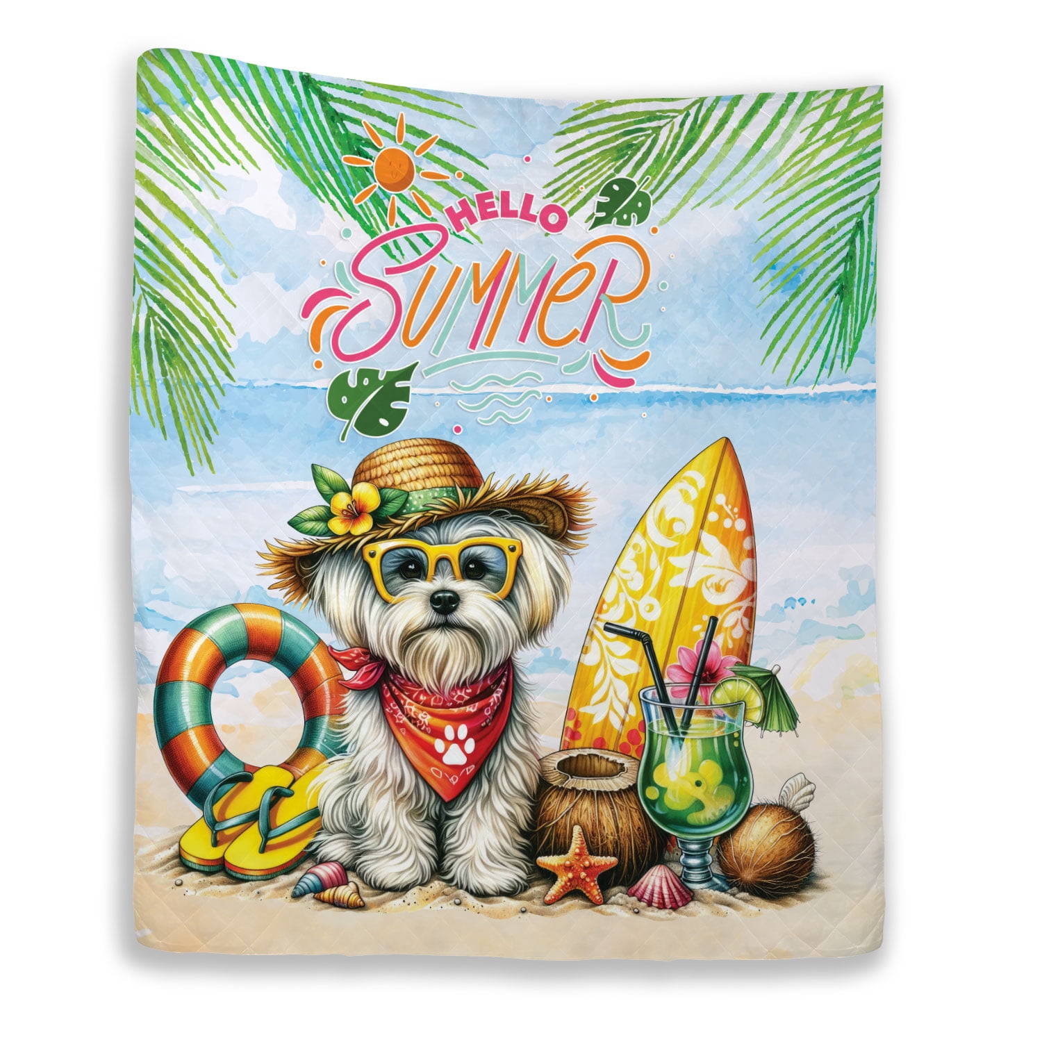 Maltese Hello Summer with Sunglasses and Surfboard Tropical Vibes Quilt ...